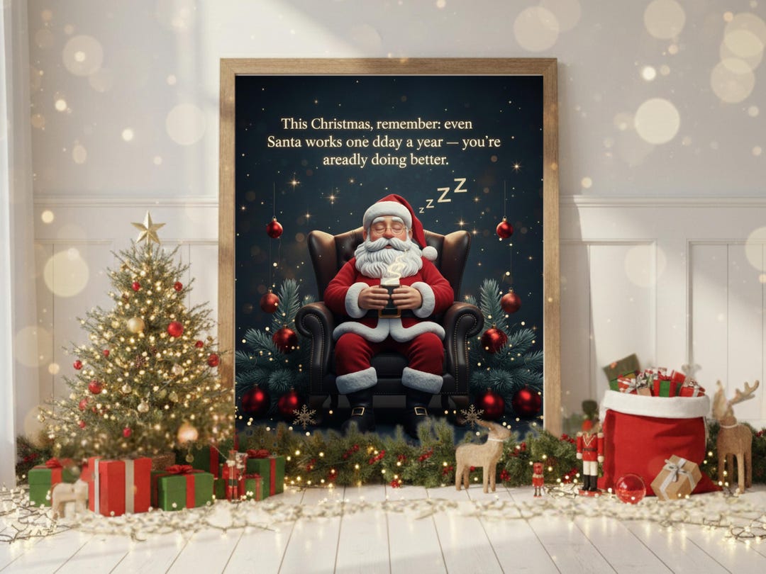 Exhausted Santa Poster | Funny Christmas Wall Art | Tired Santa Coffee ...