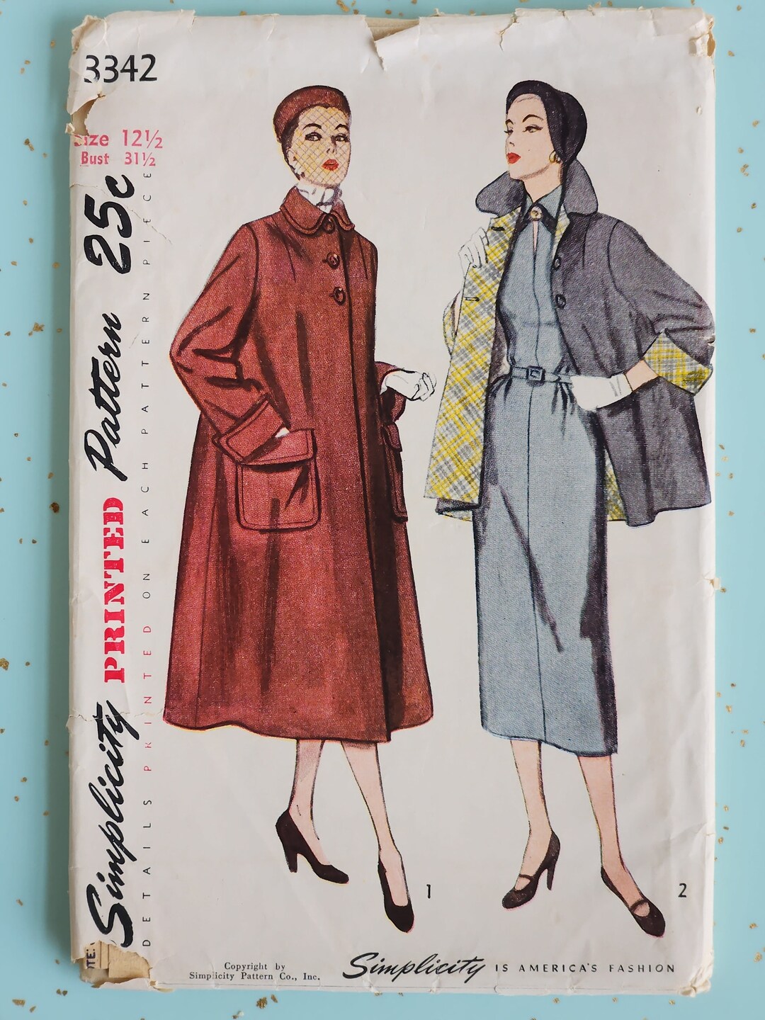 1950s Jacket Coat Sewing Pattern - Simplicity 3342 Size 12 1/2 - Etsy