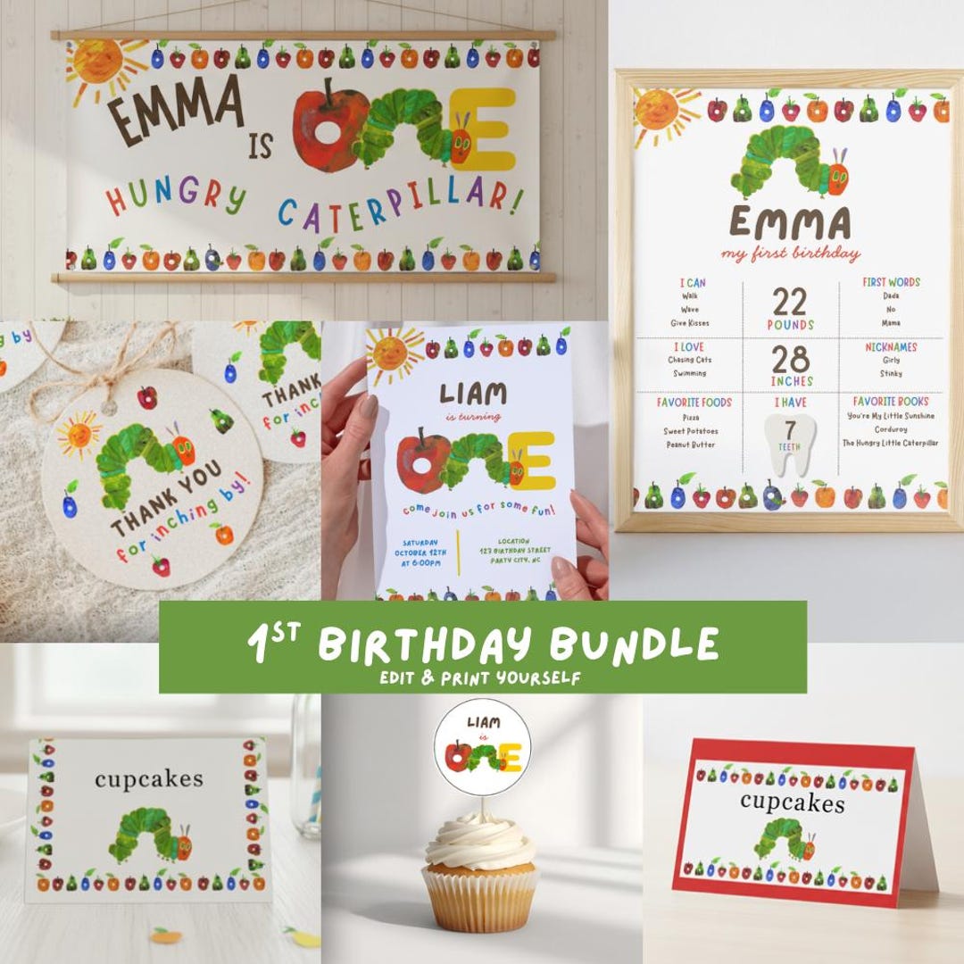 Hungry Caterpillar 1st Birthday Big Bundle Invitation Banner Cupcake ...