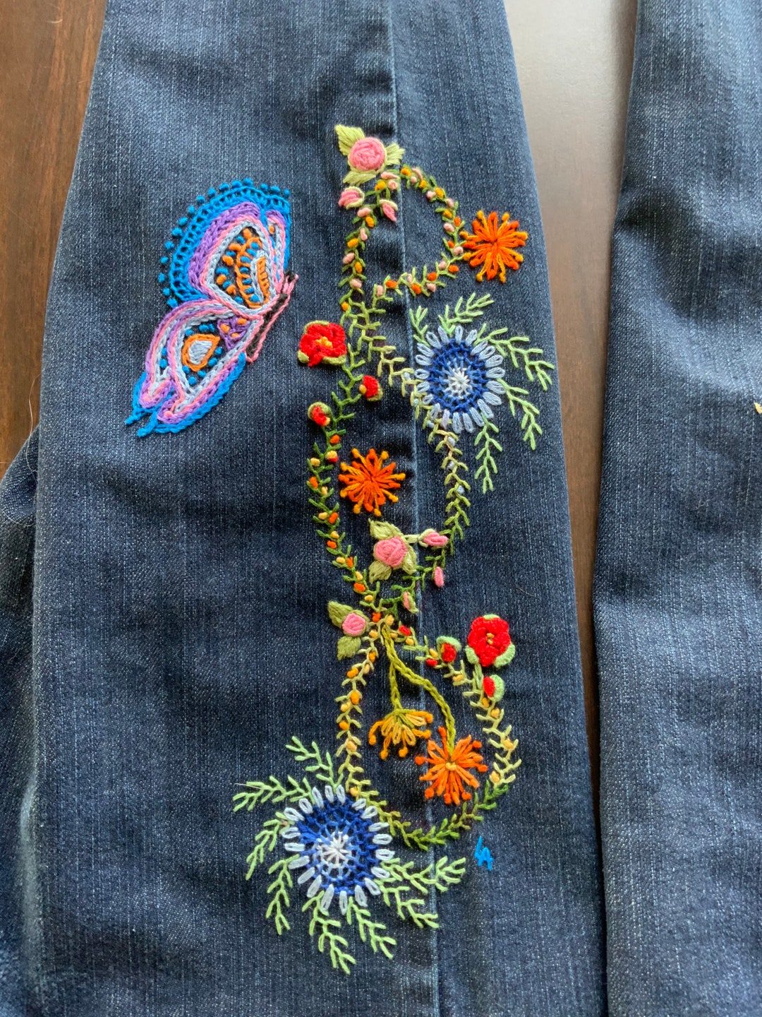 Hand Embroidered Blue Jeans Size 10 - Etsy
