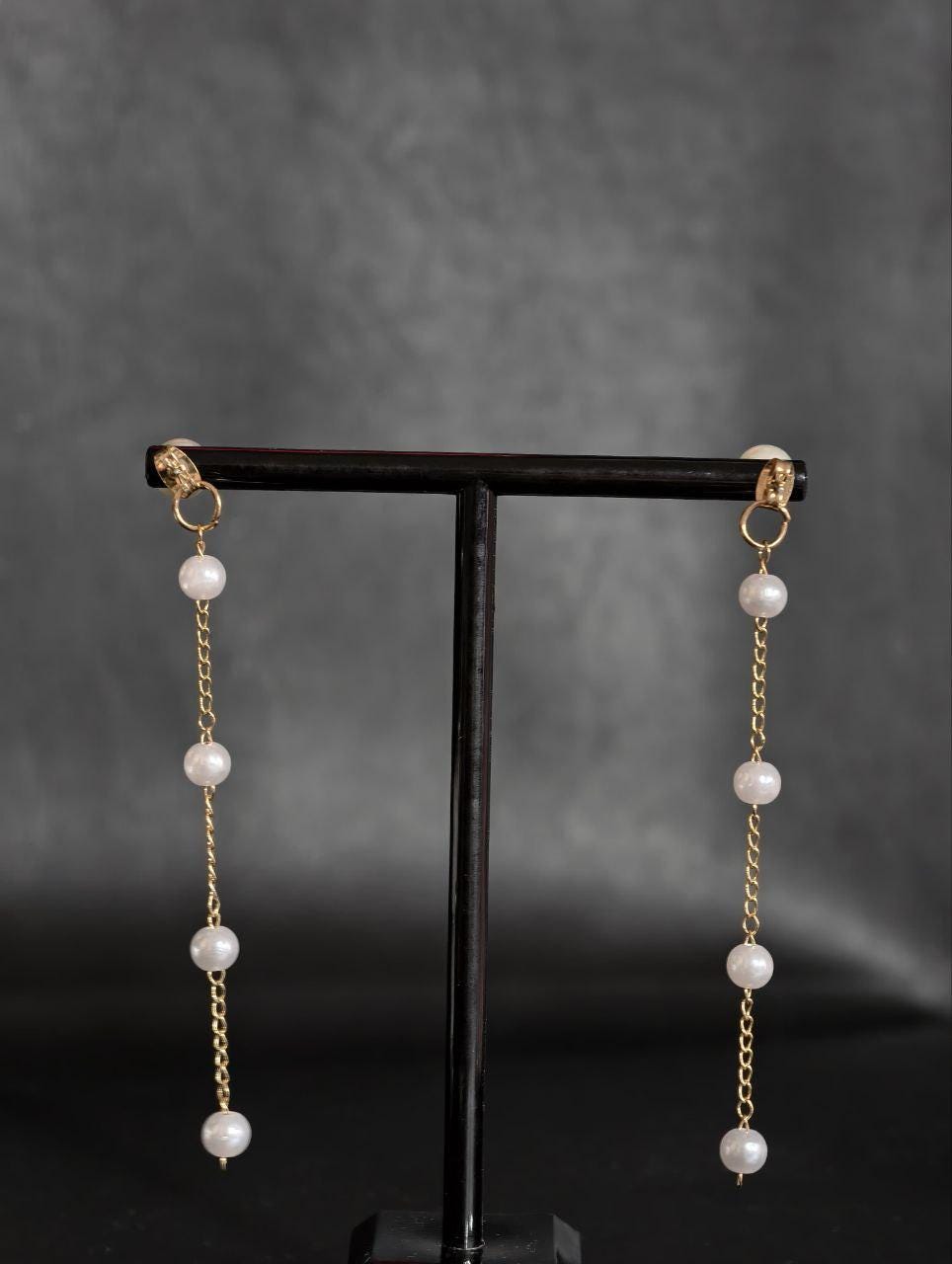 Elegant Pearl Drop Earrings on Gold Chain | Handmade Long Dangle ...