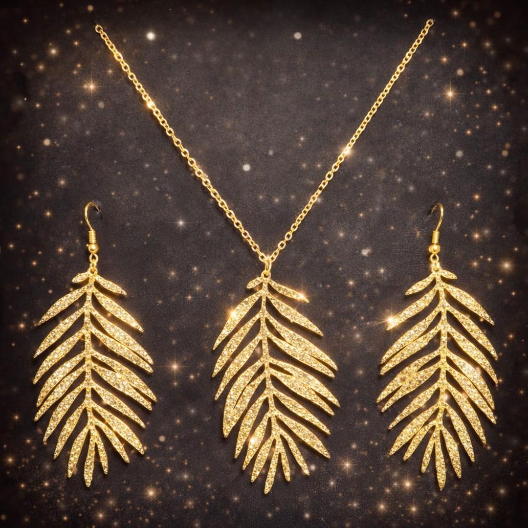 Gold Leaf Jewelry Set, Textured Botanical Necklace and Earrings, Gift ...