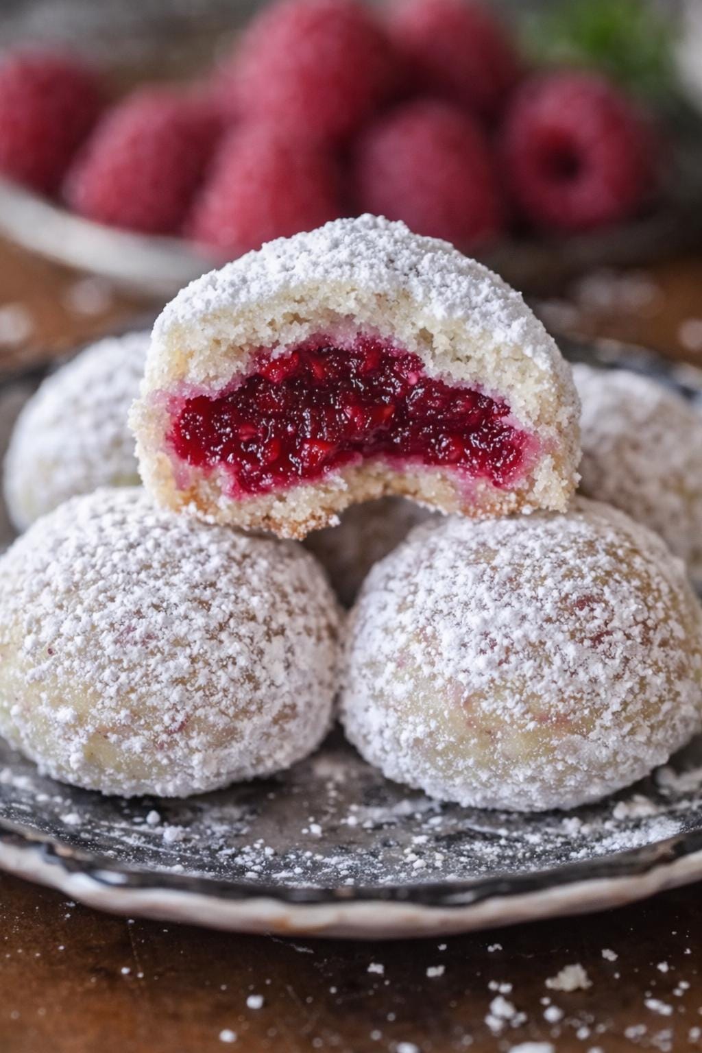 Raspberry Filled Almond Snowball Cookie Recipe Raspberry Dessert ...