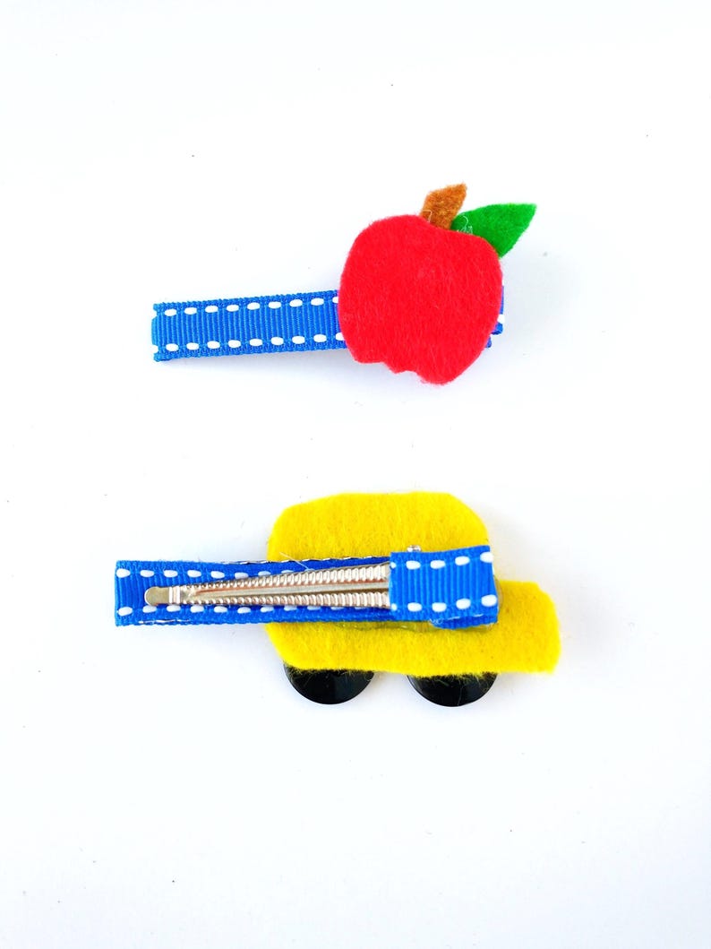 Back to School Apple and School Bus Hair Clips Set of 2; Girl's Cute ...