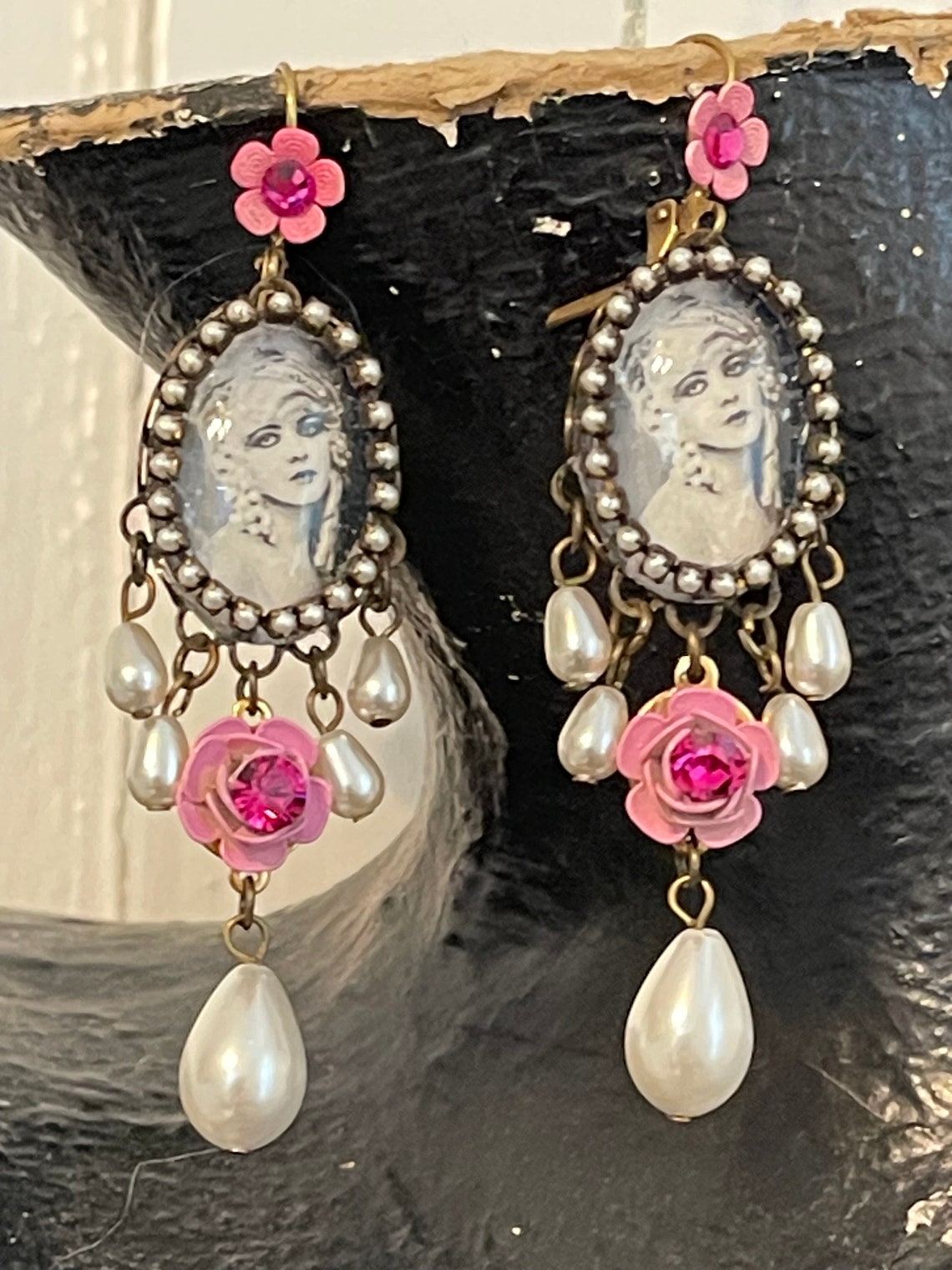 Hollywood Starlet Earrings Surrounded by Pearls and Pink Flowers. #47 ...