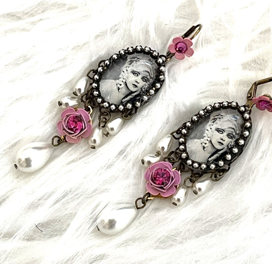 Hollywood Starlet Earrings Surrounded by Pearls and Pink Flowers. #47 ...