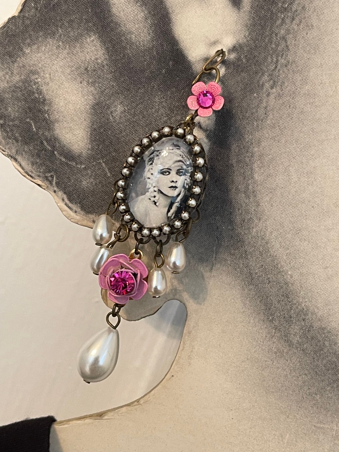 Hollywood Starlet Earrings Surrounded by Pearls and Pink Flowers. #47 ...
