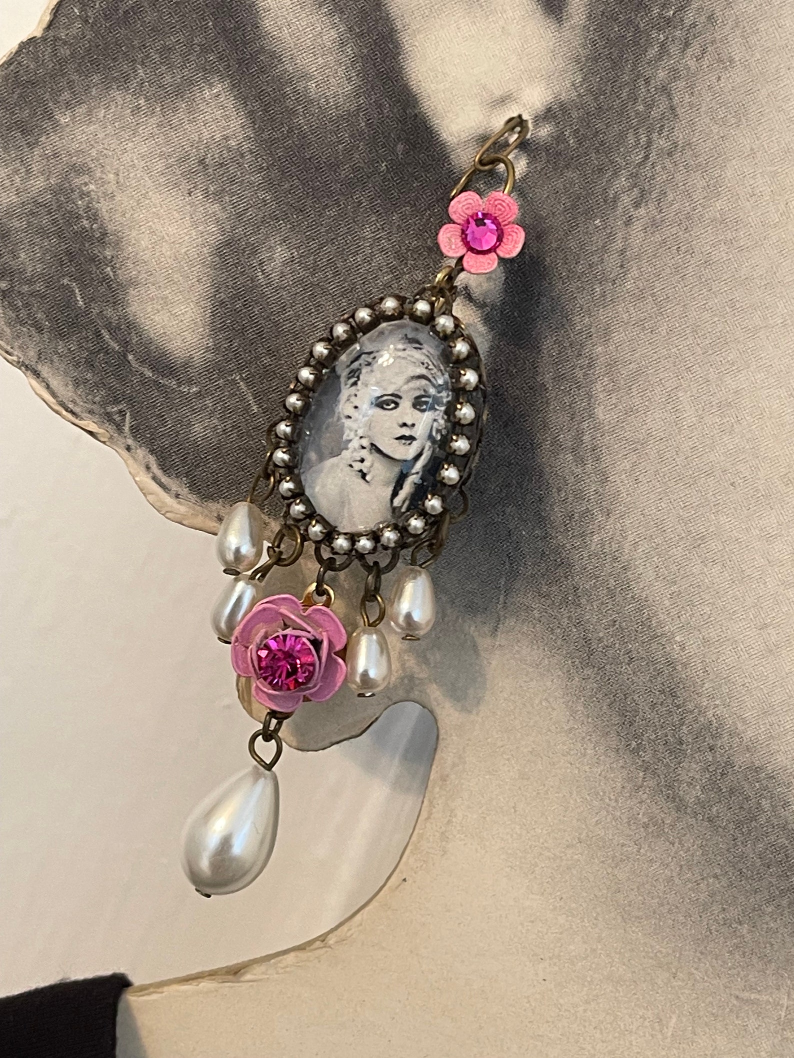 Hollywood Starlet Earrings Surrounded by Pearls and Pink Flowers. #47 ...