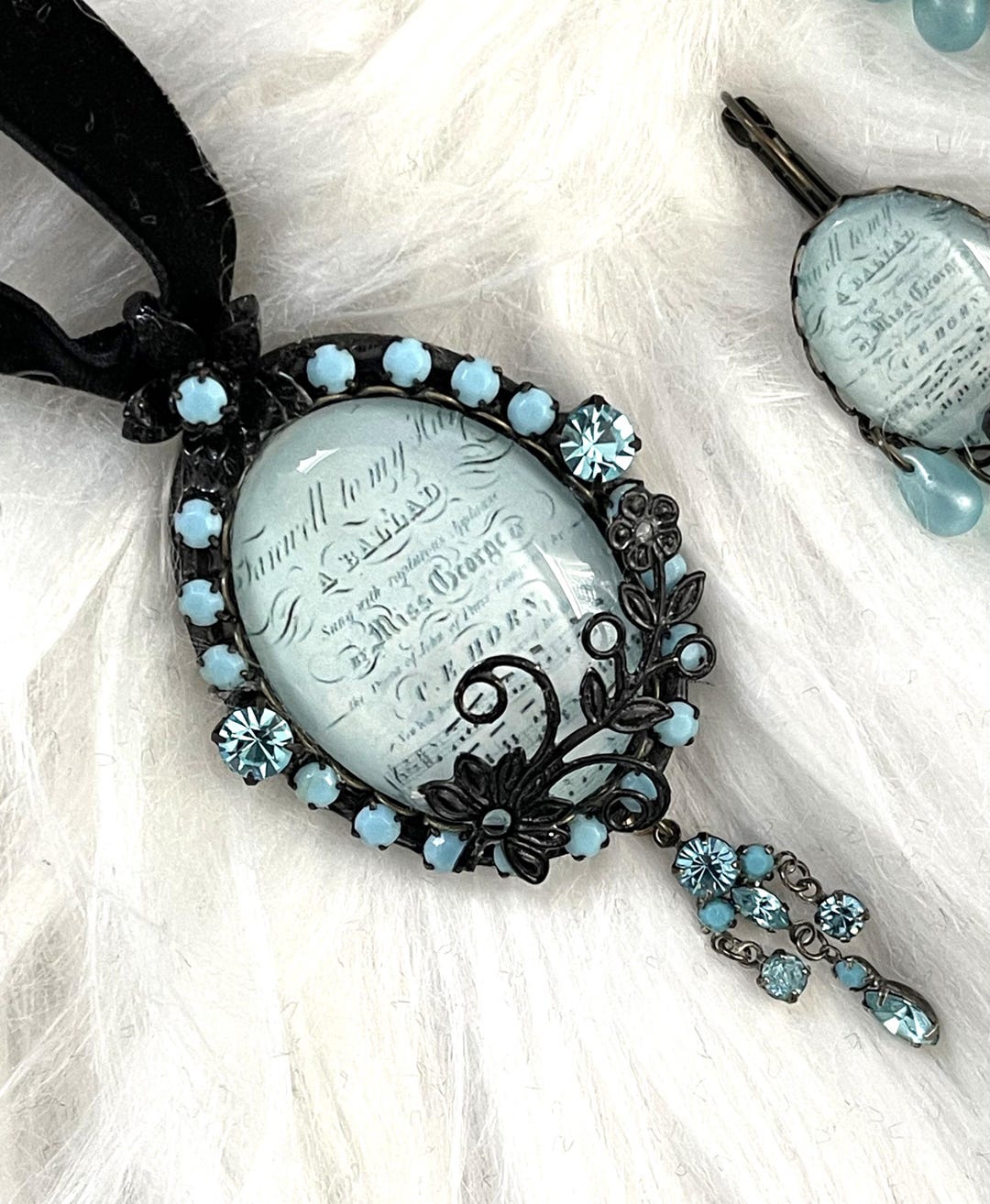 Set - Black Velvet Choker Pendant Blue With Vintage Sheet Music With ...