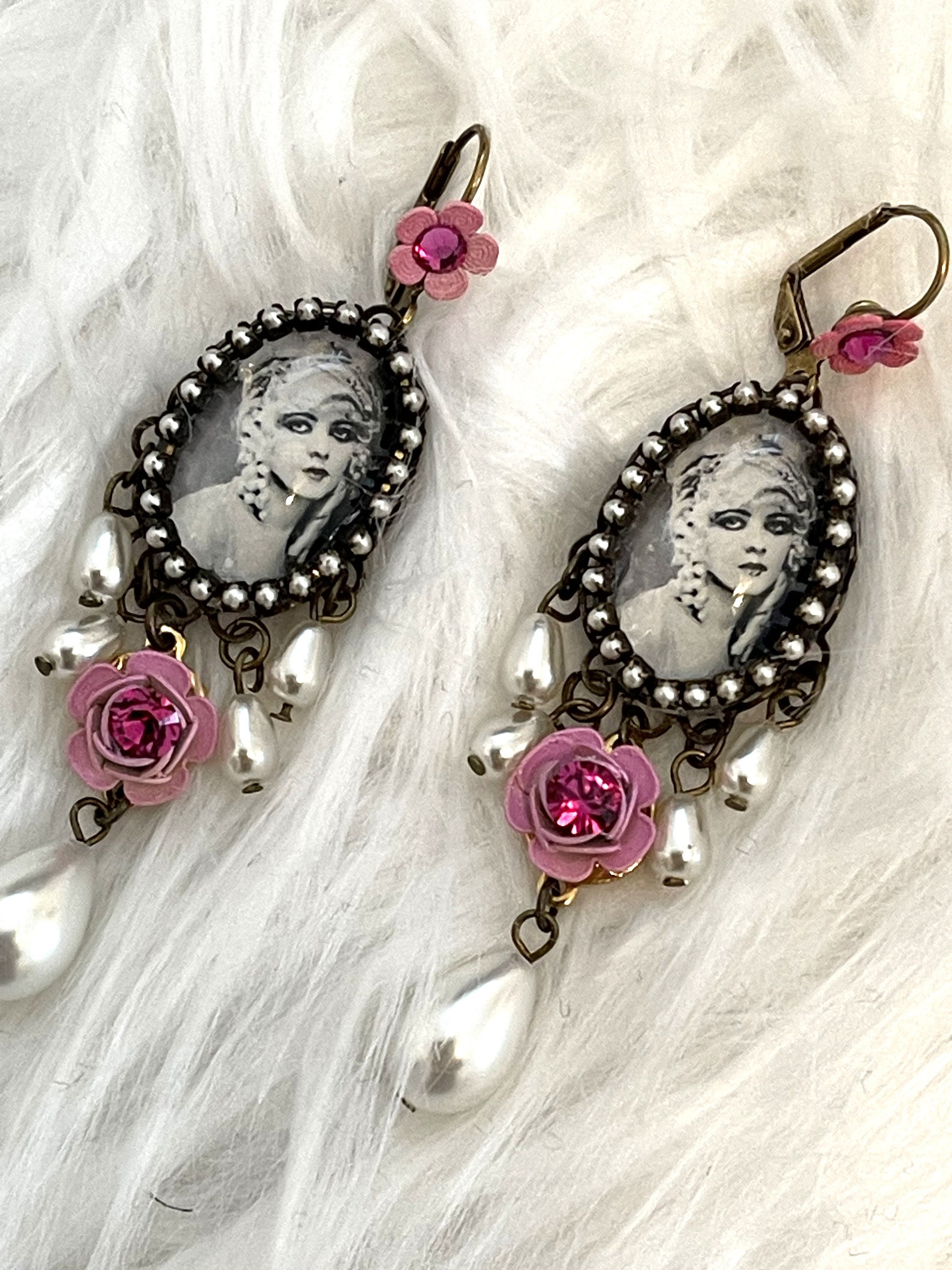 Hollywood Starlet Earrings Surrounded by Pearls and Pink Flowers. #47 ...