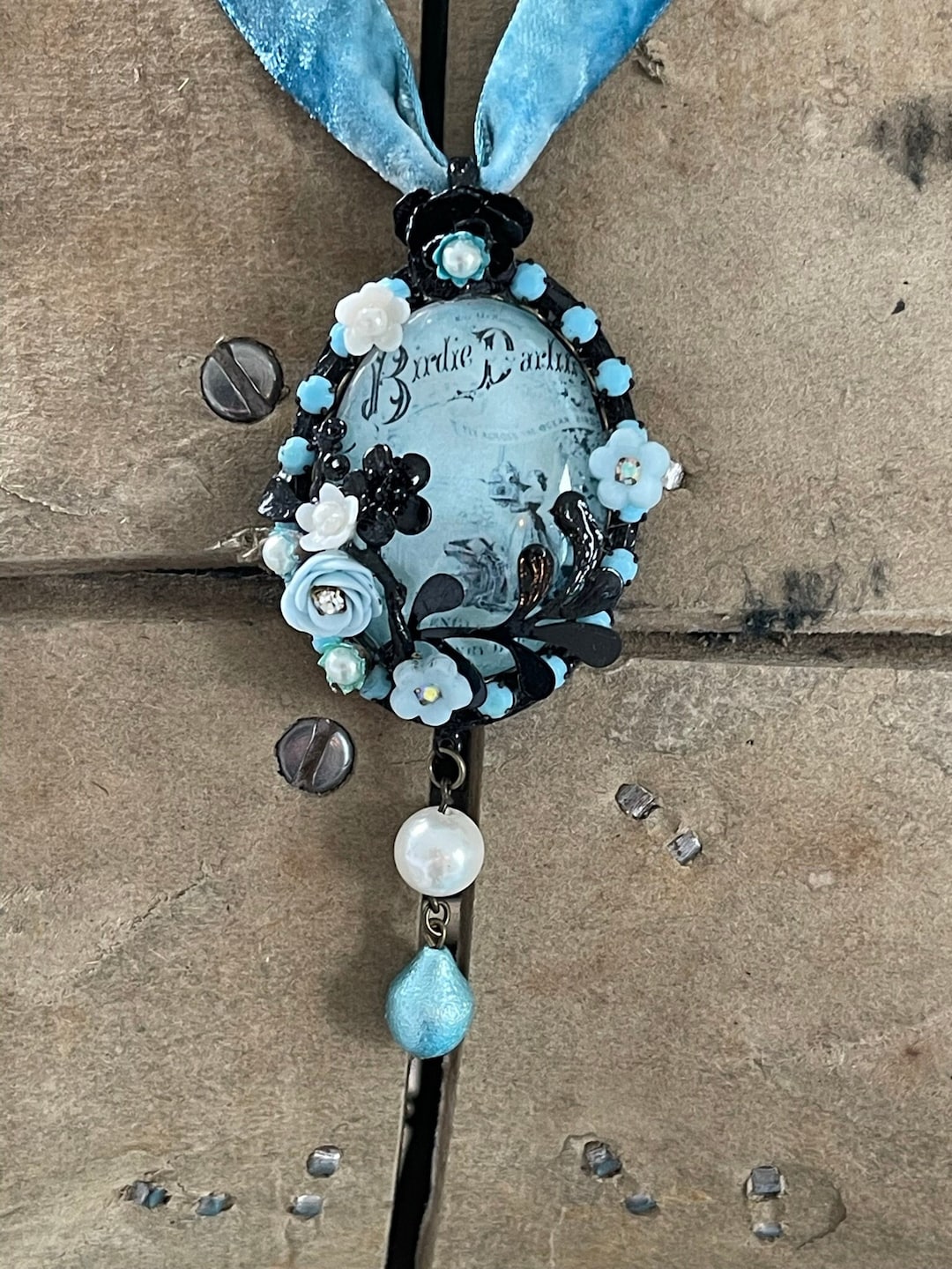 Vintage Sheet Music Choker, Blue Velvet Pendant Necklace, Rhinestones ...