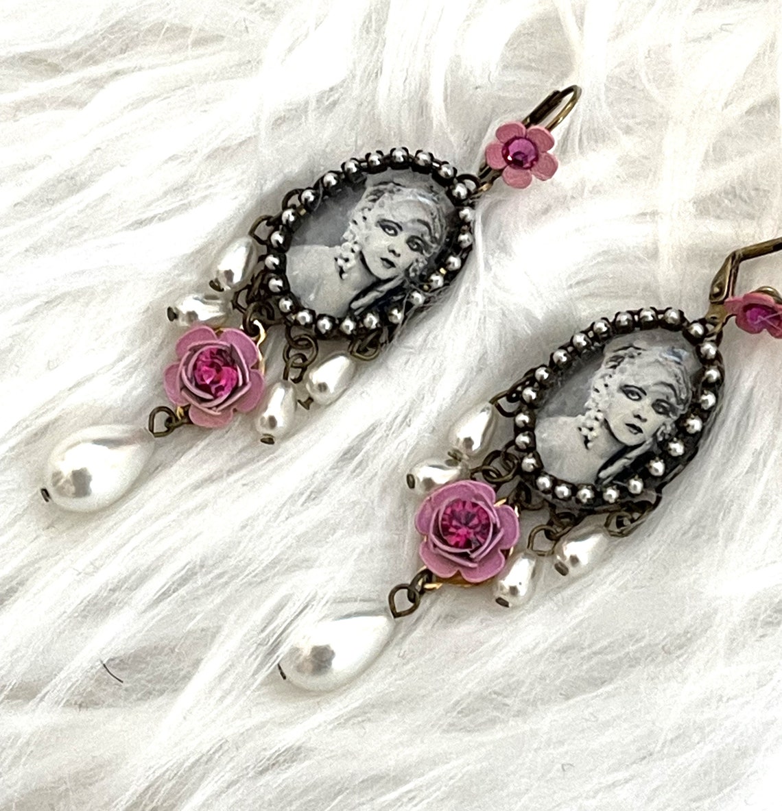 Hollywood Starlet Earrings Surrounded by Pearls and Pink Flowers. #47 ...