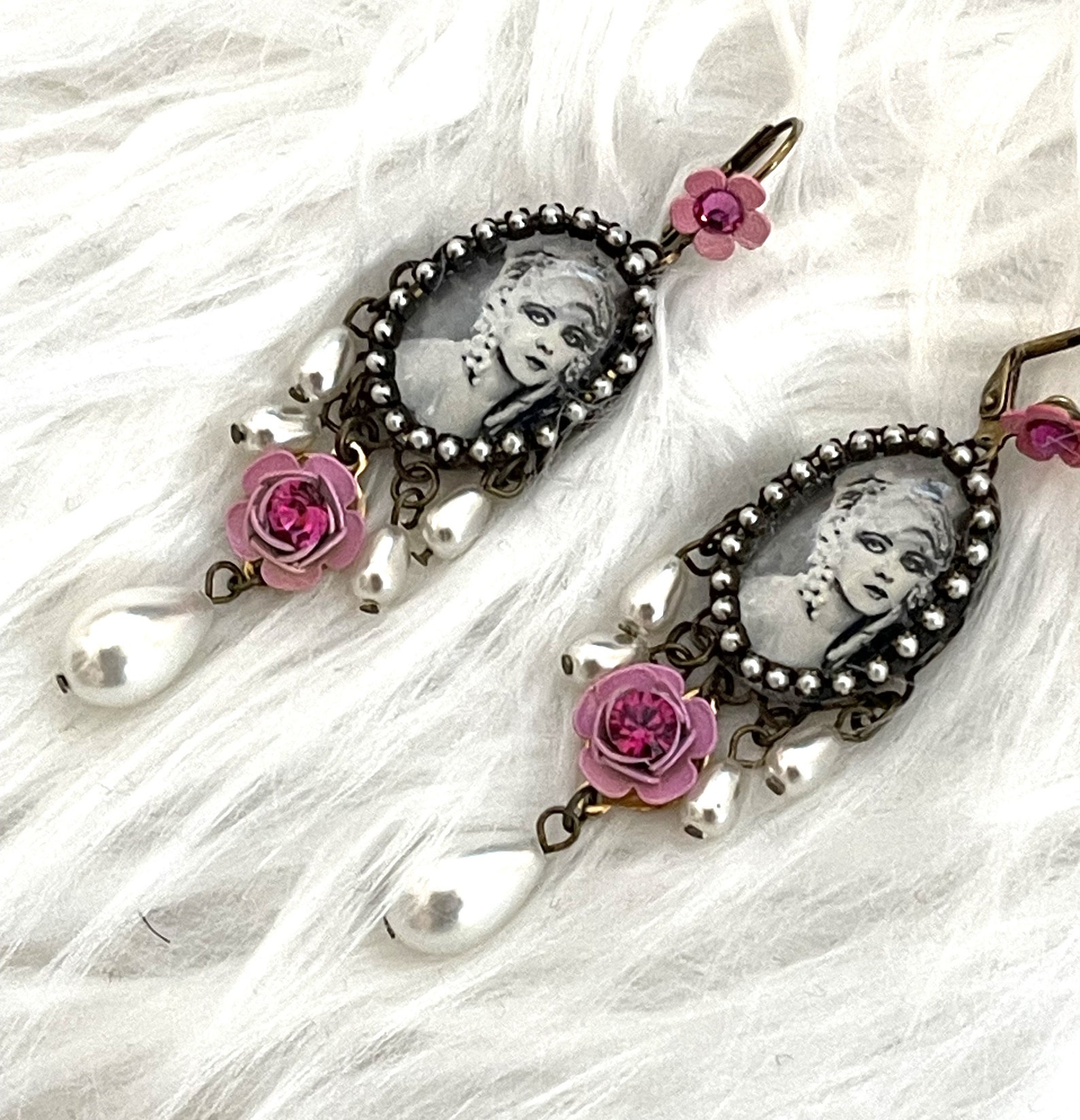 Hollywood Starlet Earrings Surrounded by Pearls and Pink Flowers. #47 ...