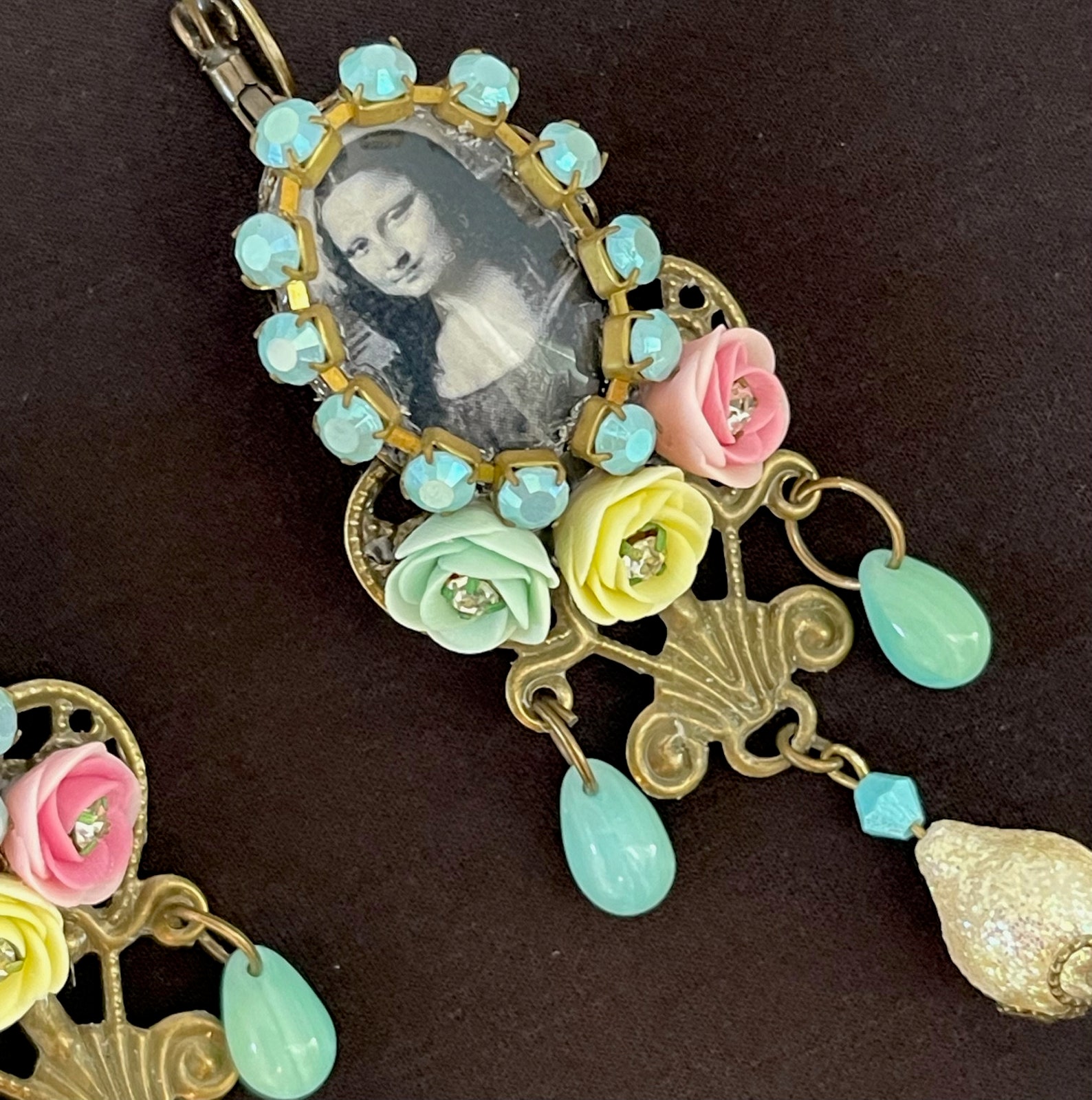 Mona Lisa Earrings With Pastel Flowers, Rhinestones and Beads #63 - Etsy