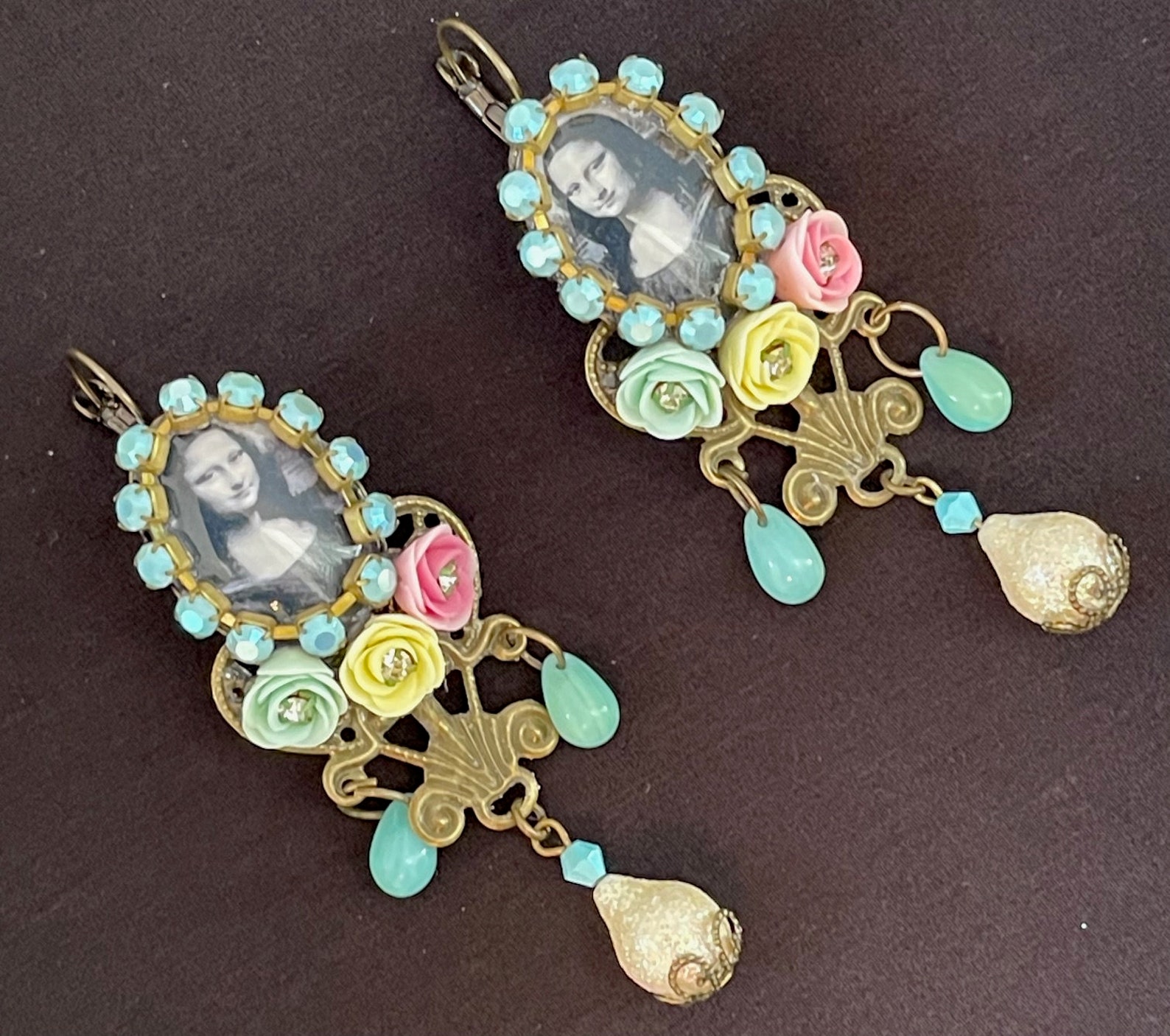 Mona Lisa Earrings With Pastel Flowers, Rhinestones and Beads #63 - Etsy