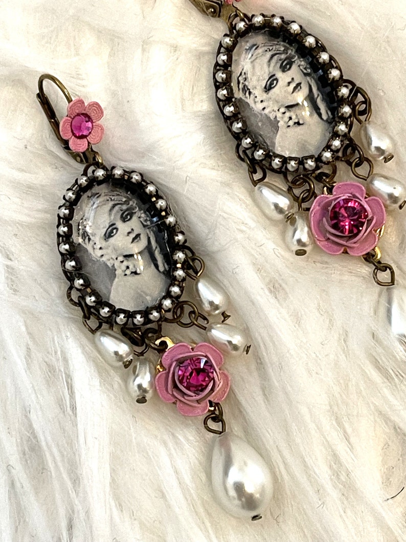 Hollywood Starlet Earrings Surrounded by Pearls and Pink Flowers. #47 ...