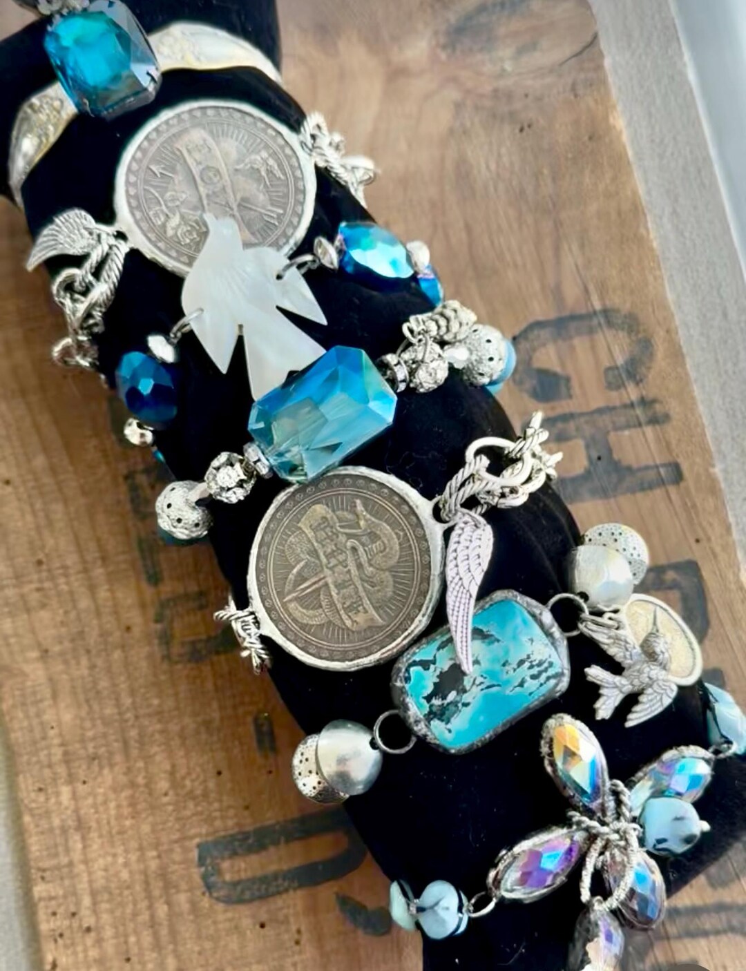 Boho Customized Blue Stacked Bracelets Soldered Charms Crystals Birds ...