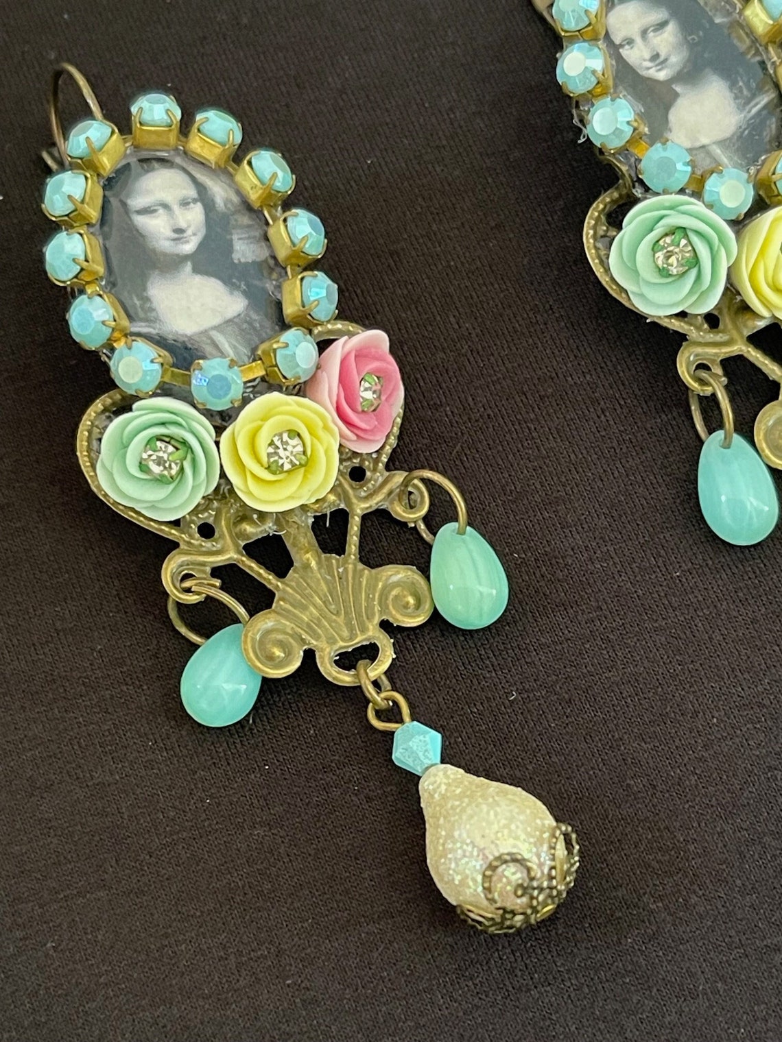 Mona Lisa Earrings With Pastel Flowers, Rhinestones and Beads #63 - Etsy
