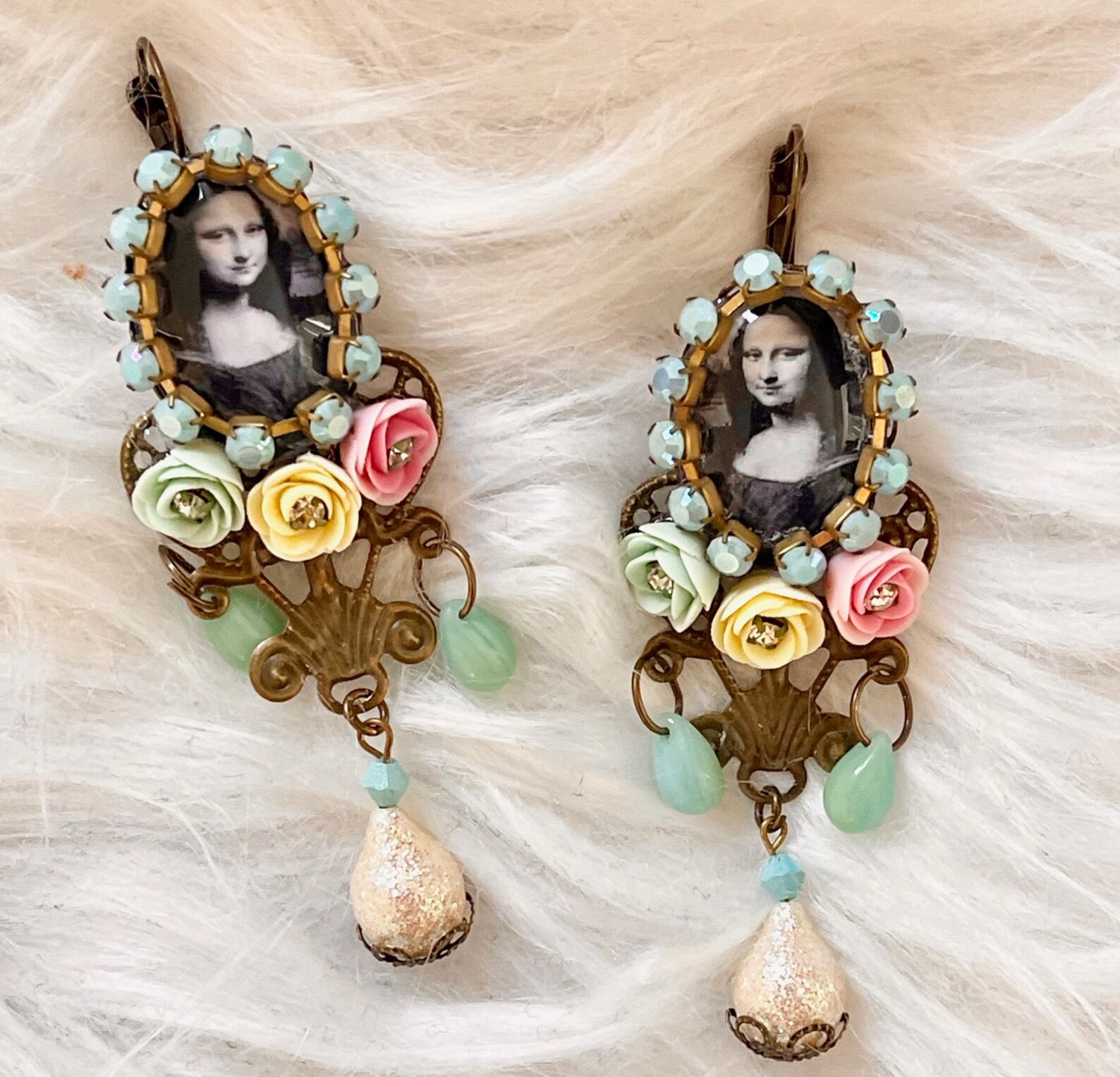 Mona Lisa Earrings With Pastel Flowers, Rhinestones and Beads #63 - Etsy