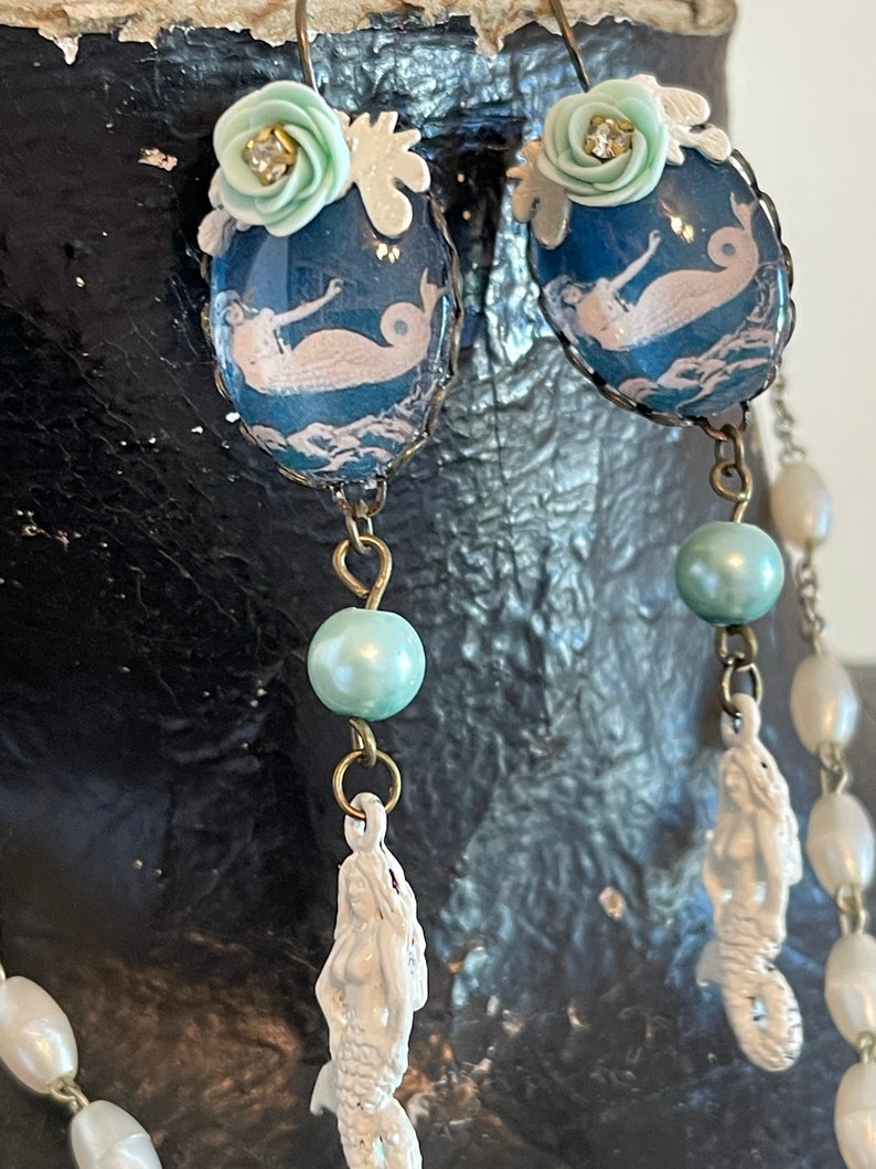 Vintage Image of Mermaid Pendant Necklace With Mint Green, Rhinestones ...