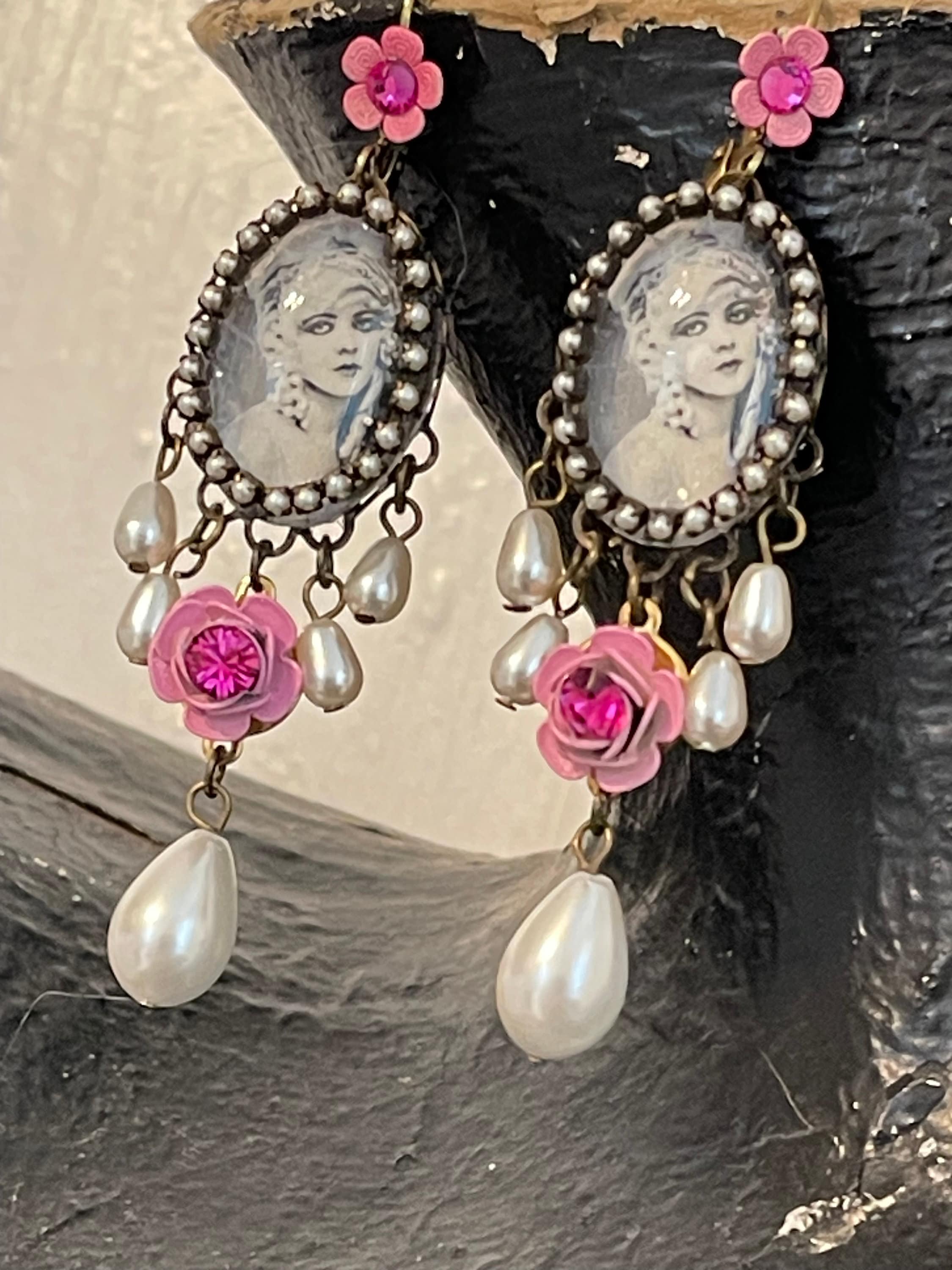 Hollywood Starlet Earrings Surrounded by Pearls and Pink Flowers. #47 ...