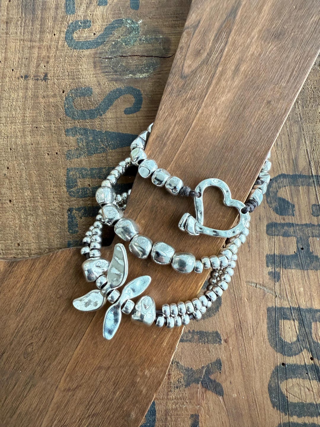 BOHO Silver Leather Stacked Bracelets SET Butterfly Heart - Etsy