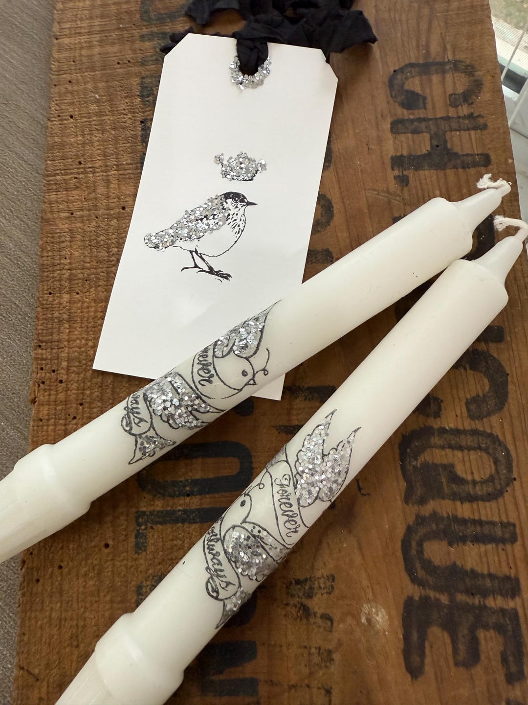 Pair of White Pillar Candles and Tag - Forever and Always - Silver ...