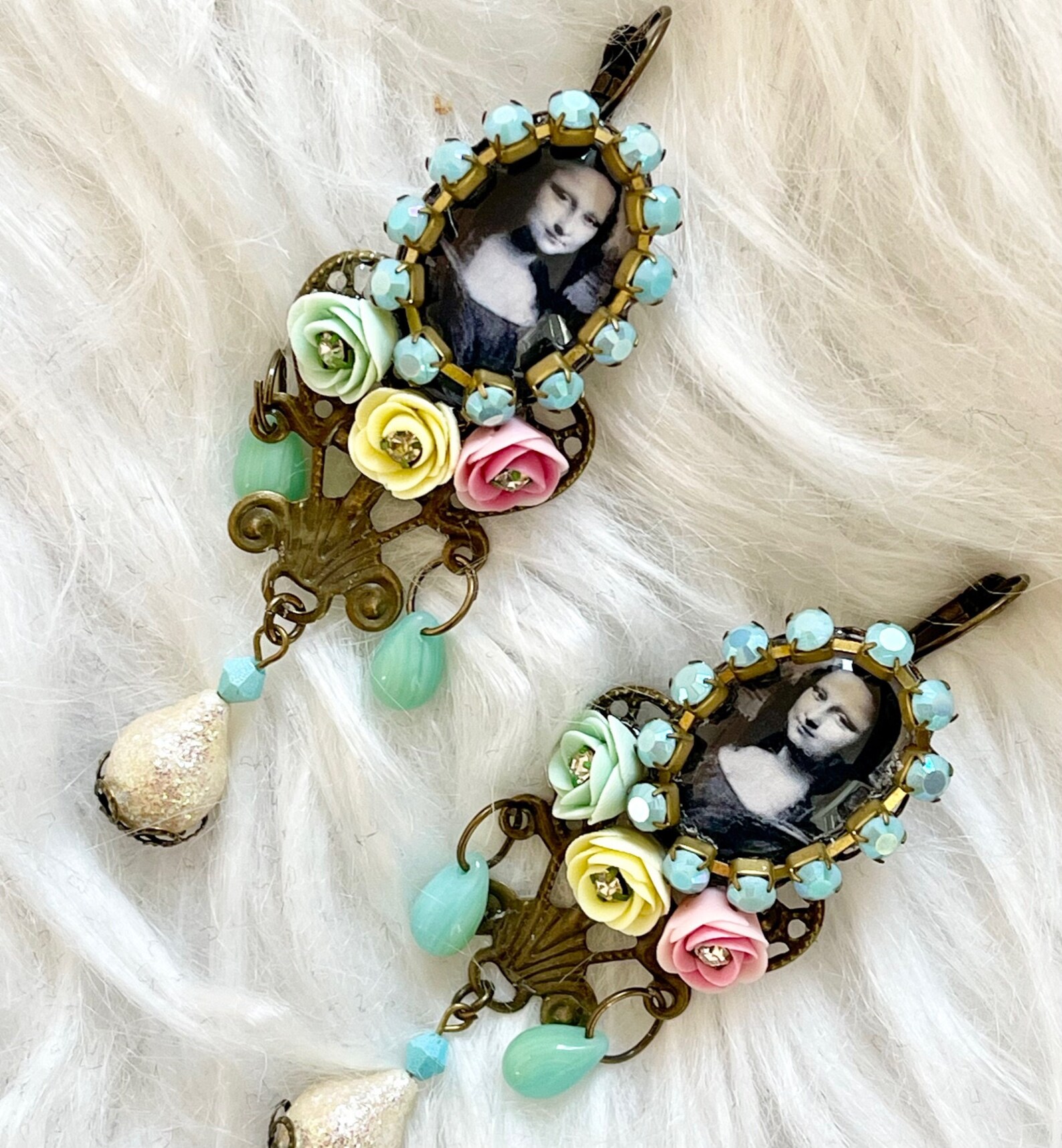 Mona Lisa Earrings With Pastel Flowers, Rhinestones and Beads #63 - Etsy