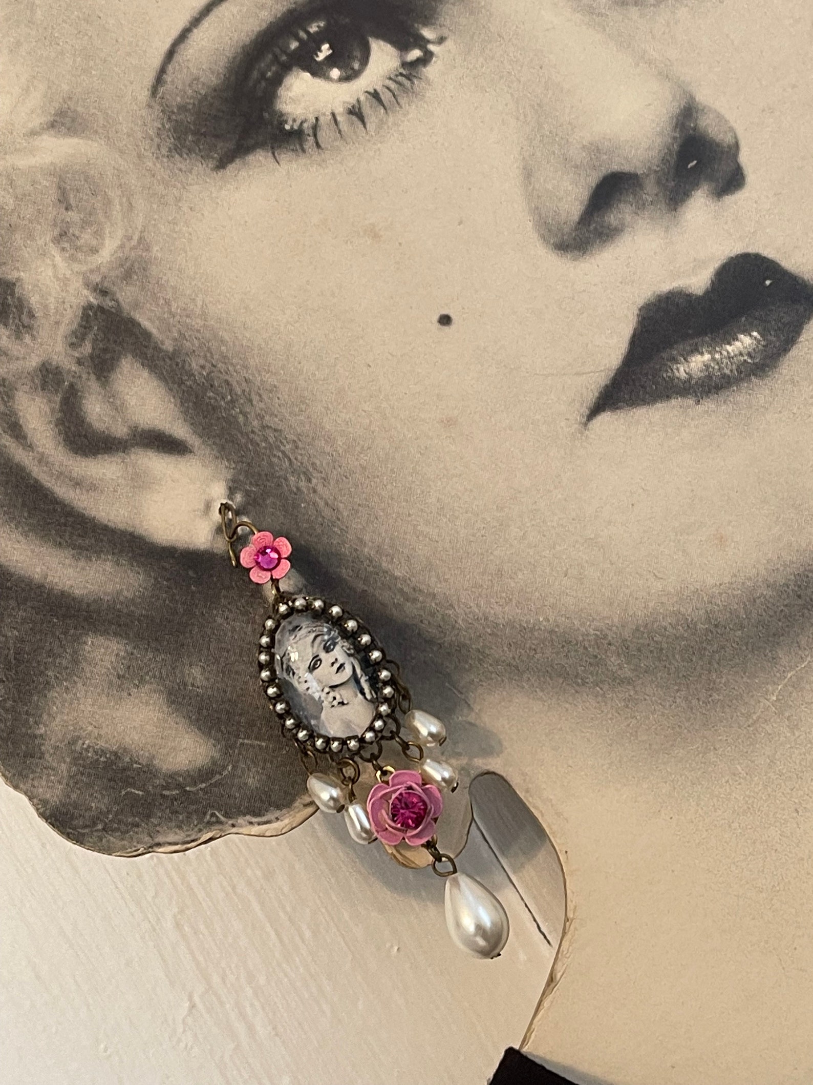 Hollywood Starlet Earrings Surrounded by Pearls and Pink Flowers. #47 ...
