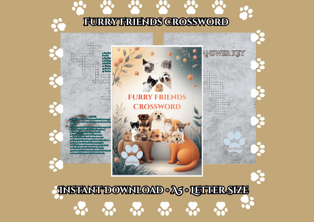 Pet Crossword Printable A5 & Letter • Furry Friends Animal Puzzle •kids ...
