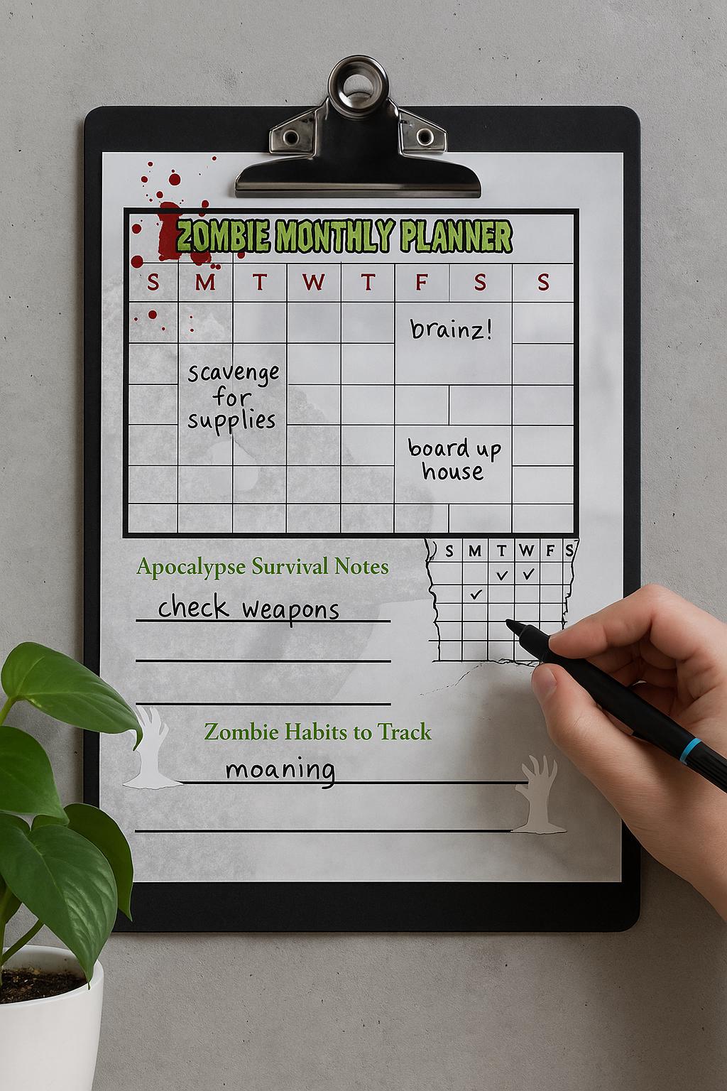 Zombie Monthly Planner | Printable Undated Calendar | Gothic Horror ...