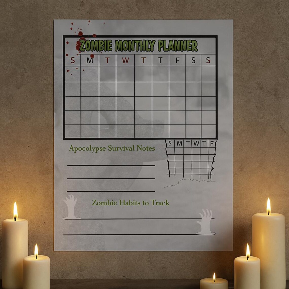 Zombie Monthly Planner | Printable Undated Calendar | Gothic Horror ...