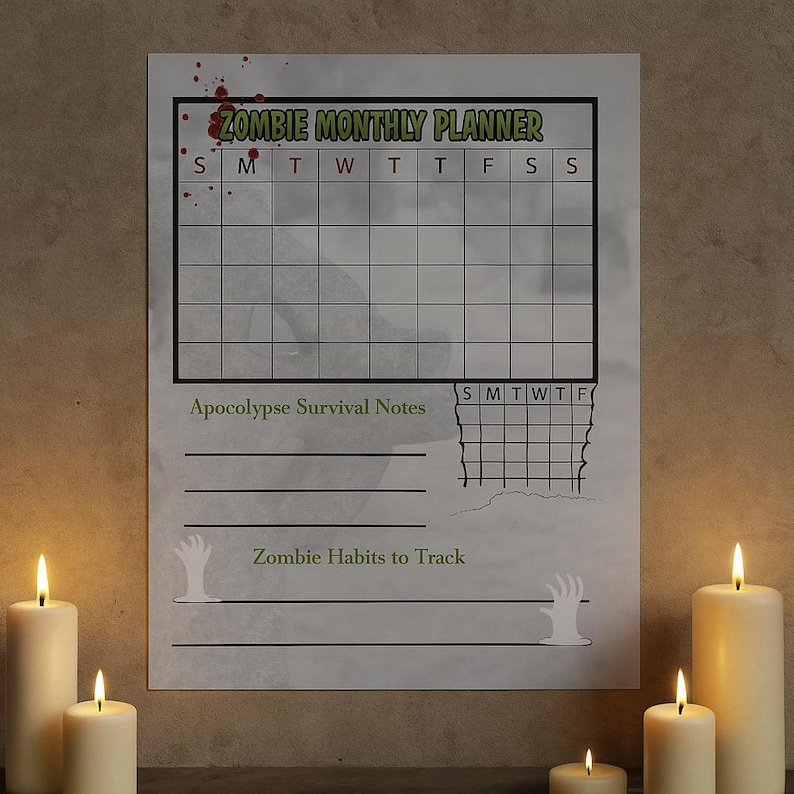 Zombie Monthly Planner | Printable Undated Calendar | Gothic Horror ...