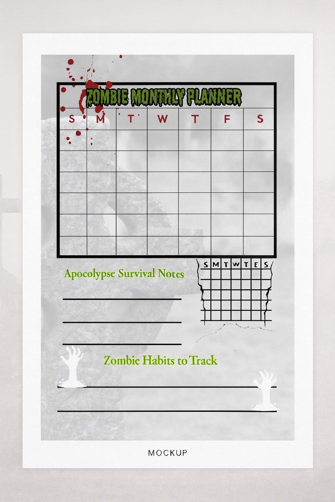 Zombie Monthly Planner | Printable Undated Calendar | Gothic Horror ...