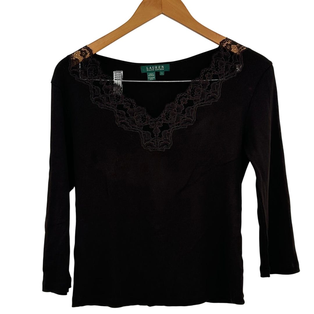 Lauren Ralph Lauren Wms Ribbed Battenburg Lace Trim Top L Chocolate ...