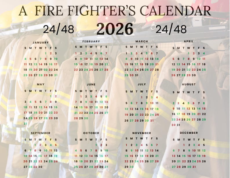 A 2026 Fire Fighters 24/48 Printable Wall Calendar That is Color Coded ...