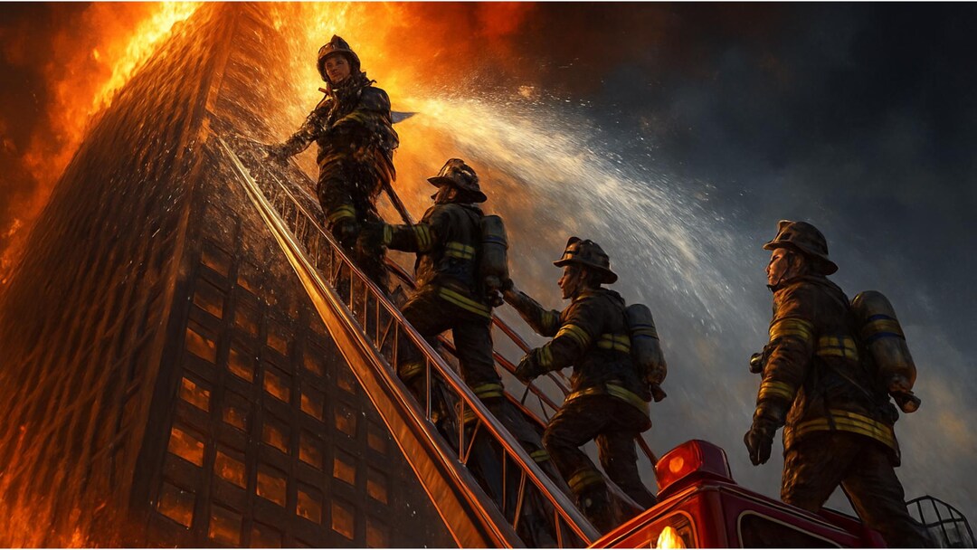 Fire Fighters on a Fire Truck Ladder High Rise Fire Desk Top Wall Art ...