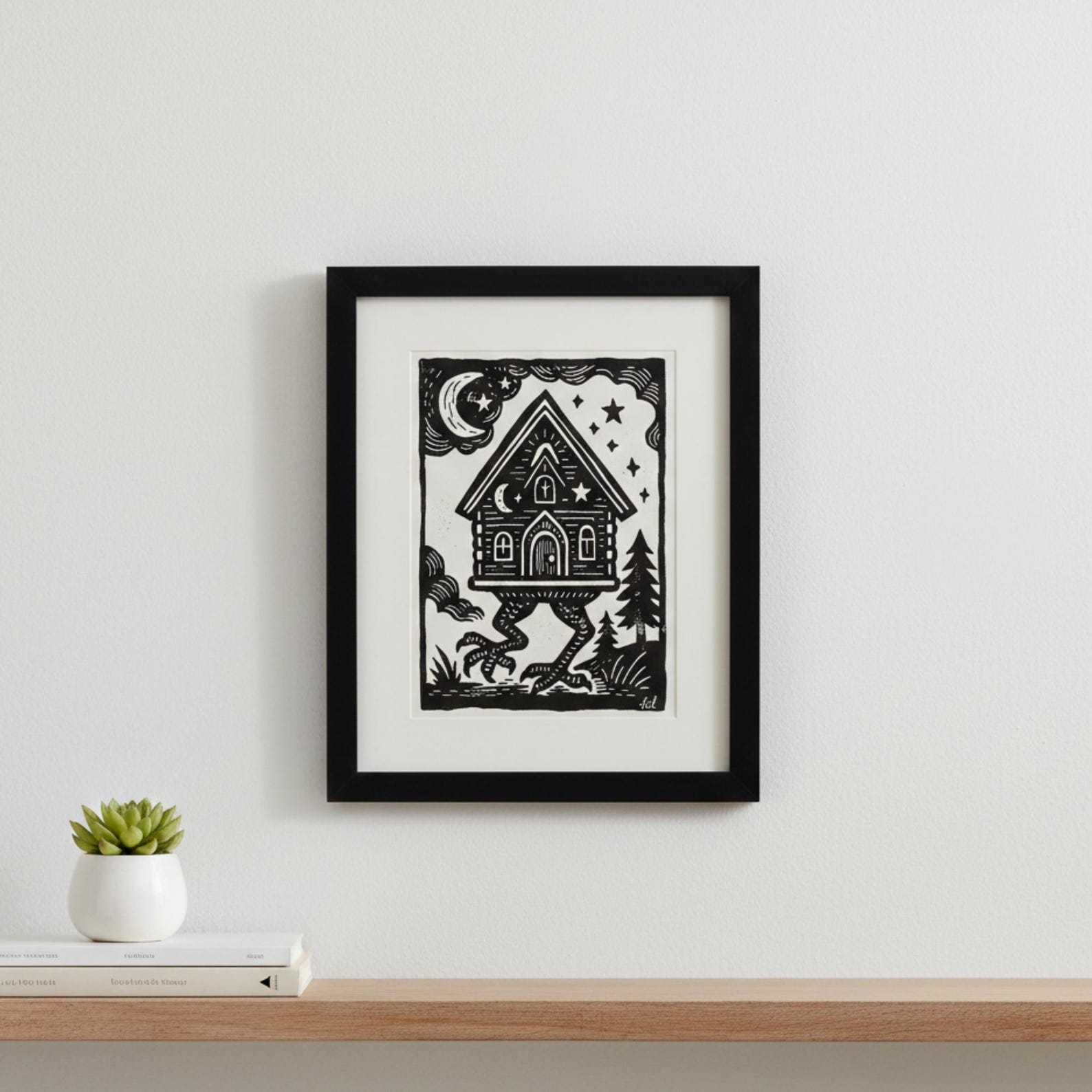 Baba Yaga Linocut Print | Spooky Folk Art Halloween Decor Wood Carved ...