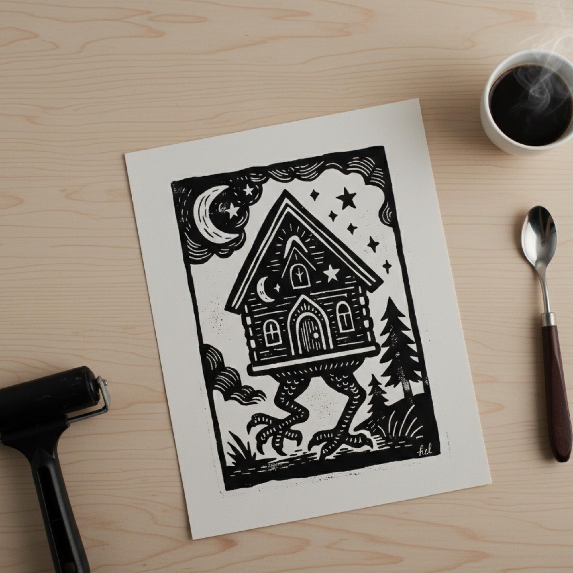 Baba Yaga Linocut Print | Spooky Folk Art Halloween Decor Wood Carved ...