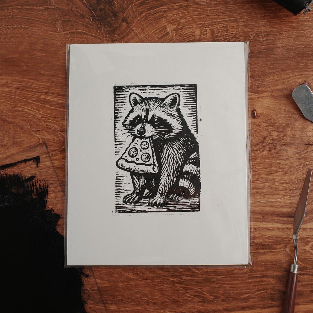 Pizza Pal Raccoon Linocut Print: Funny Animal Wall Decor | Whimsical ...