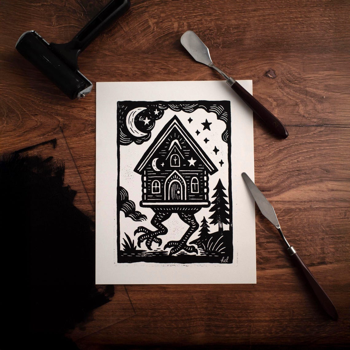 Baba Yaga Linocut Print | Spooky Folk Art Halloween Decor (8x10) - Etsy