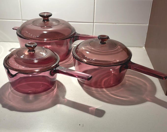 Vintage Pyrex Visions Cranberry Glass Saucepan Set – 3 Piece With Lids ...