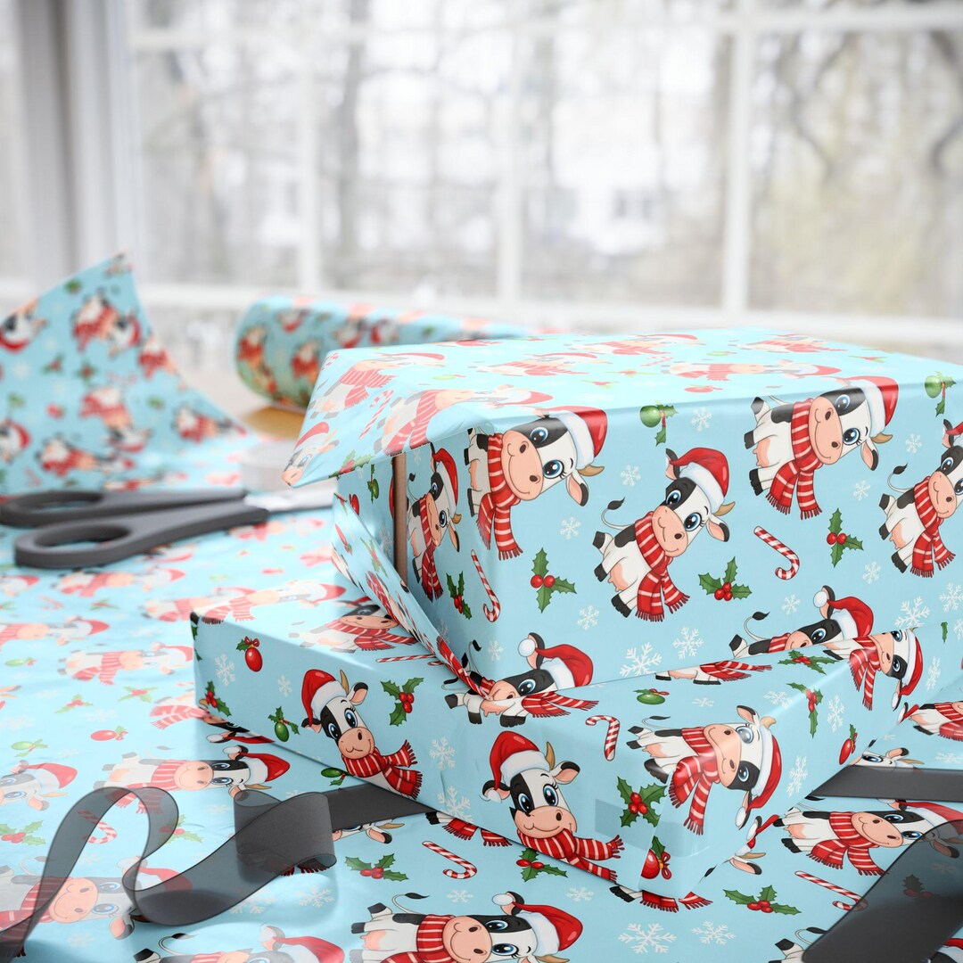 Christmas Cow Pattern Wrapping Paper | Cute Holiday Cows, Light Blue ...