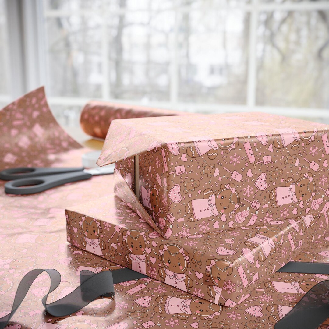 Pink Gingerbread Pattern Wrapping Paper | Holiday Cookie Print - Etsy
