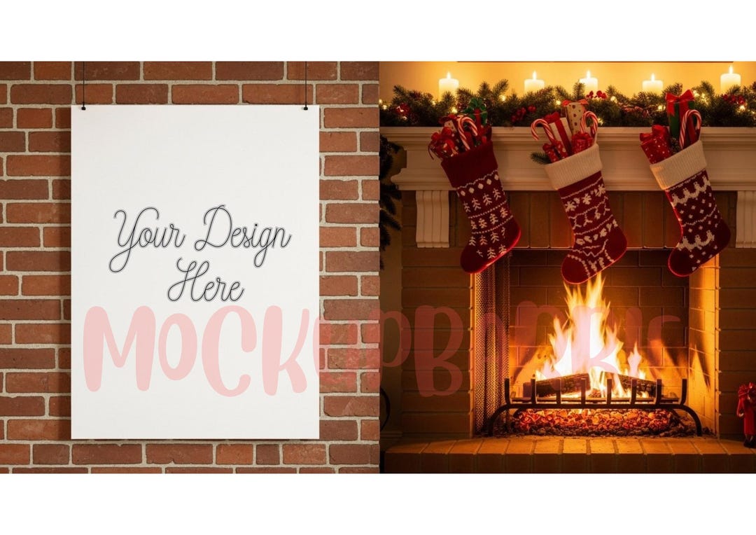 Christmas Poster Mockup | Fireplace, Stockings Scene (digital Download ...