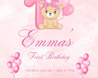 Editable Pink Bow Theme Girl’s Birthday Party Invitation Canva Template ...