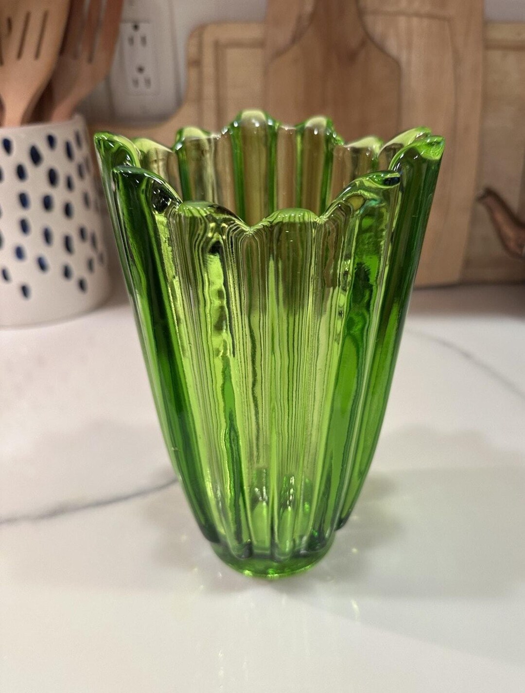 Fostoria Glass Celestial Green Ribbed Wavy Vase 7” Vintage MCM Decor ...