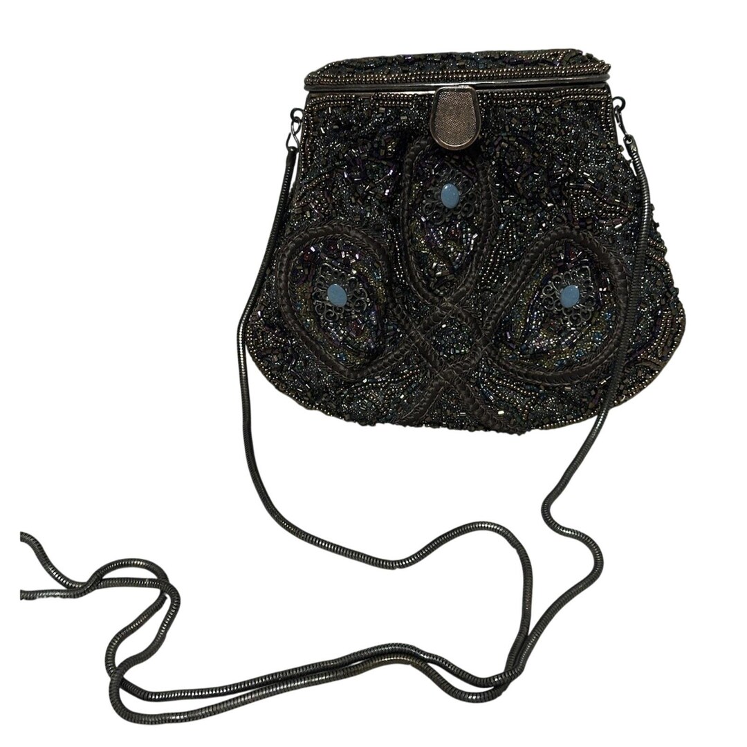 Vintage Lyrella Beaded Evening Bag Chain Strap Brown & Turquoise Art ...