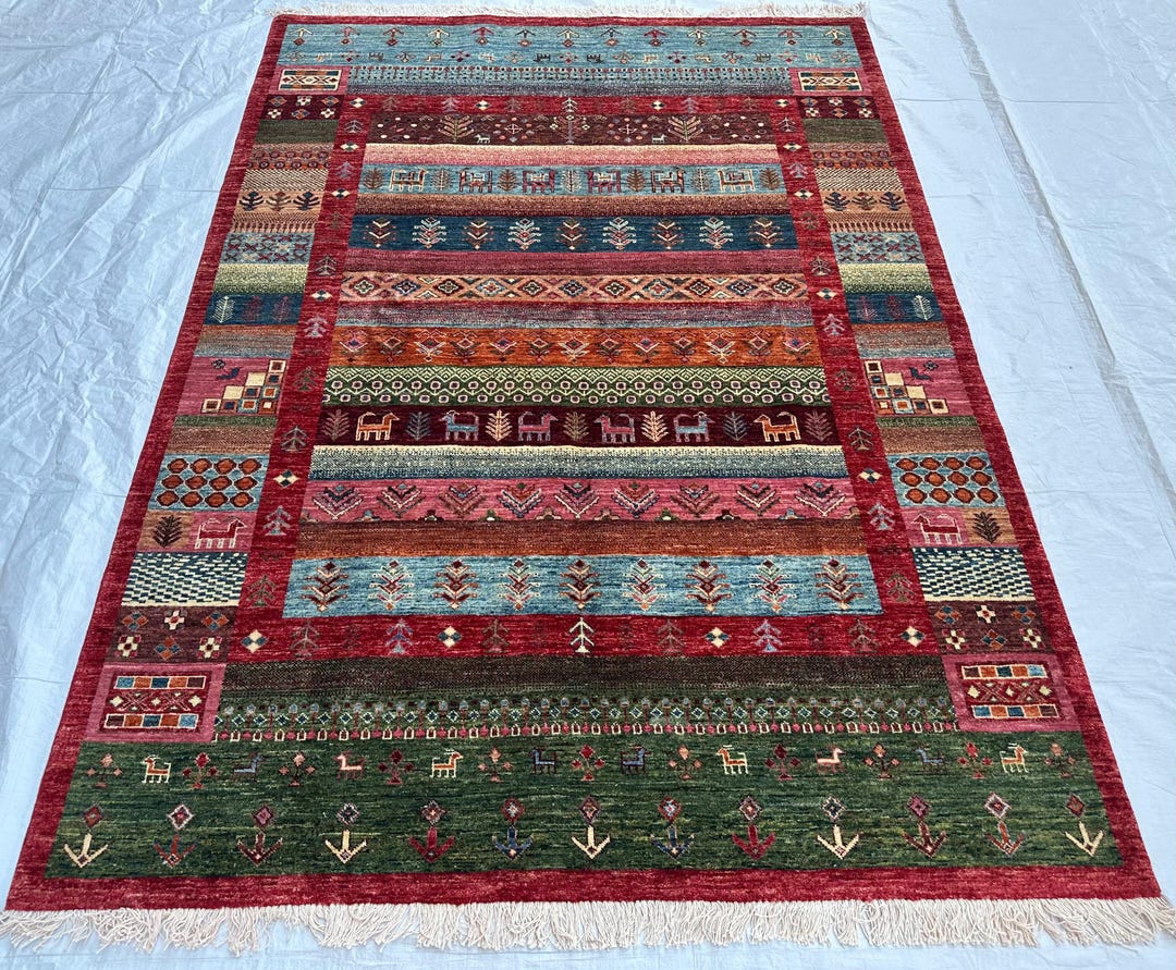 Handwoven Red Green Rug, Luxury Afghan Chobi Rug, Veg Dyes Wool Carpet ...