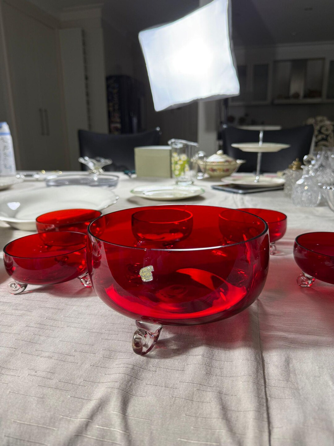 Vintage Ruby Red Bohemian Glass Punch Bowl Set With Dessert Bowls - Etsy